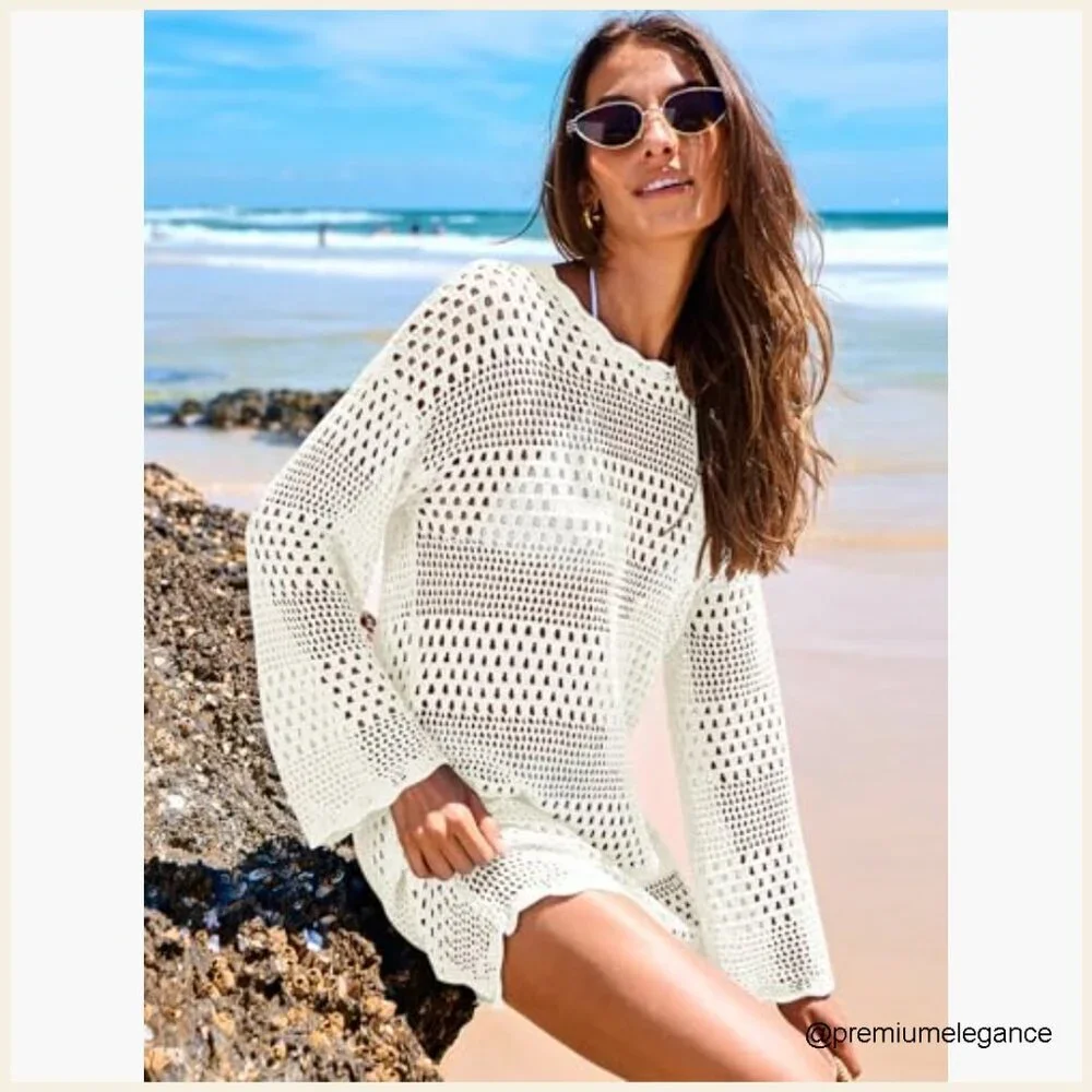 Swim | Crochet Mesh Swim Cover Up Long Sleeve Beach Dress Acrylic ...